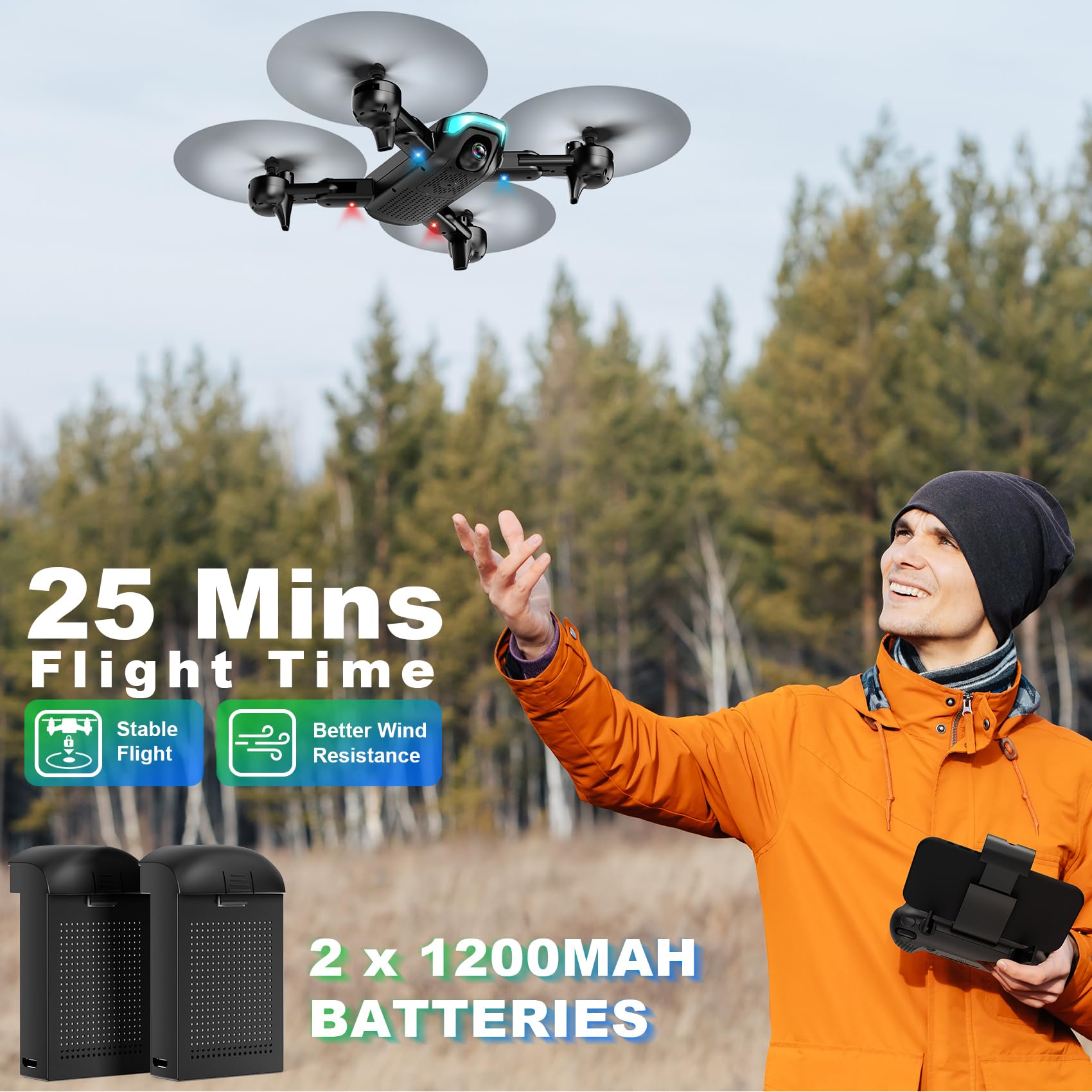 REDRIE Drone with Camera - Foldable Drone for Kids Adults with 1080P FPV Camera, Upgrade Altitude Hold, Gestures Selfie, Waypoint Fly, Headless Mode, 3D Flip, One Key Start, 3 Speed Mode, Circle Fly, 2 Batteries