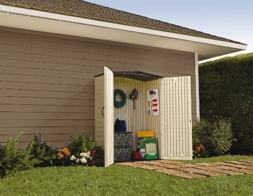 Rubbermaid Resin Weather Resistant Outdoor Storage Shed, 5 x 2 ft., Sandalwood/Onyx Roof, for Garden/Backyard/Home/Pool