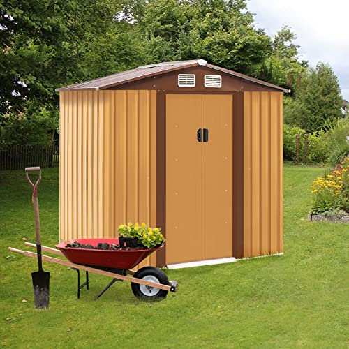 Patiomore 4×6 FT Outdoor Storage Shed Tool House Garden Steel Shed Walk-in Yellow 4x6FT
