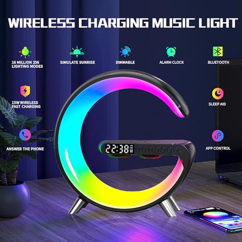 Aimery 4 in 1 Table Lamp,Wireless Charger Atmosphere Lamp,Sunrise Alarm Clock and Bluetooth Speaker Controlled by APP,Dimmable Bedside Lamp,Table lamp for Bedroom Decor,Dorm Decor (Black)