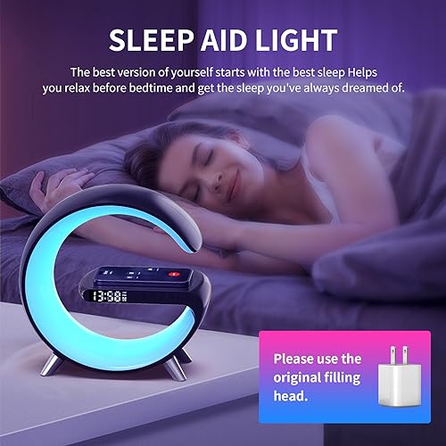 Aimery 4 in 1 Table Lamp,Wireless Charger Atmosphere Lamp,Sunrise Alarm Clock and Bluetooth Speaker Controlled by APP,Dimmable Bedside Lamp,Table lamp for Bedroom Decor,Dorm Decor (Black)