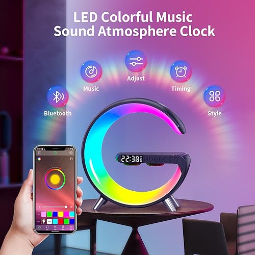 Aimery 4 in 1 Table Lamp,Wireless Charger Atmosphere Lamp,Sunrise Alarm Clock and Bluetooth Speaker Controlled by APP,Dimmable Bedside Lamp,Table lamp for Bedroom Decor,Dorm Decor (Black)