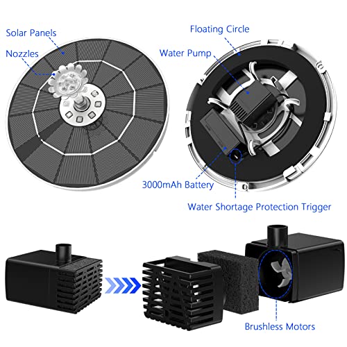 AISITIN 5.5W LED Solar Fountain Pump with LED Light, New Upgraded 3000mAh Storage Battery with 16 Nozzles Solar Bird Bath Fountains for Garden, Bird Bath, Pond, Swimming Pool