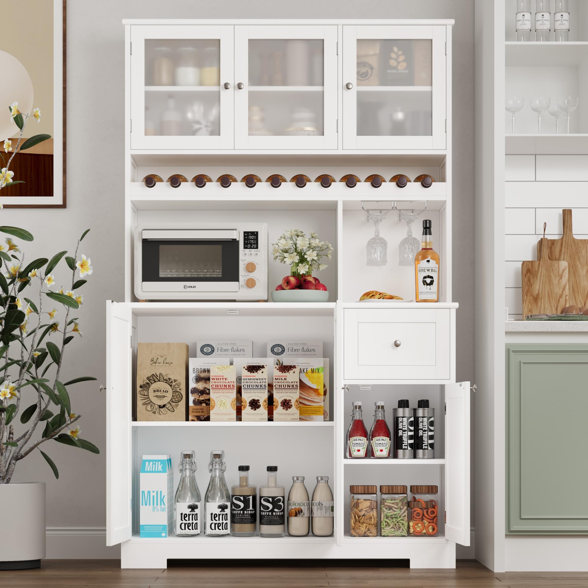 BOTLOG 71" Kitchen Pantry Cabinet, Kitchen Hutch with Microwave Stand, Buffet Cabinet with Hutch, Drawers, Large Countertop for Dining Room, Home Bar (41" W, White)