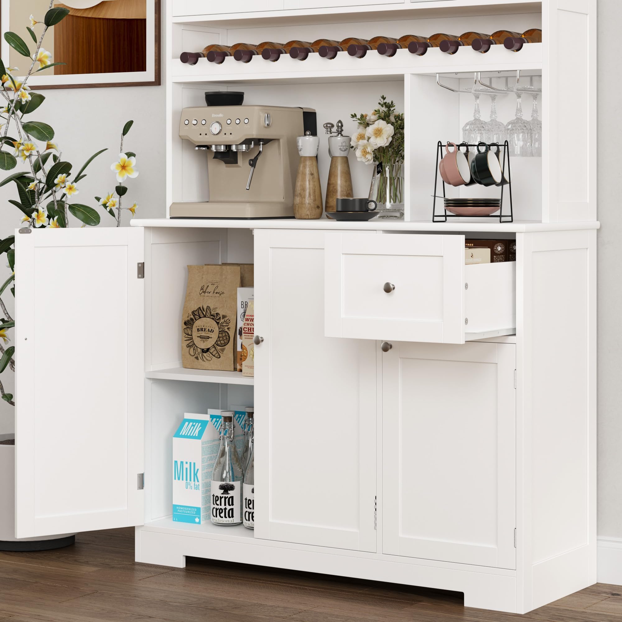 BOTLOG 71" Kitchen Pantry Cabinet, Kitchen Hutch with Microwave Stand, Buffet Cabinet with Hutch, Drawers, Large Countertop for Dining Room, Home Bar (41" W, White)