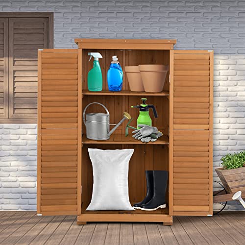 Goplus Outdoor Storage Cabinet, 63β Wood Garden Tool Shed with Double Lockable Doors 3 Shelves and Asphalt Roof, Multipurpose for Patio Lawn Garden Yard, Natural