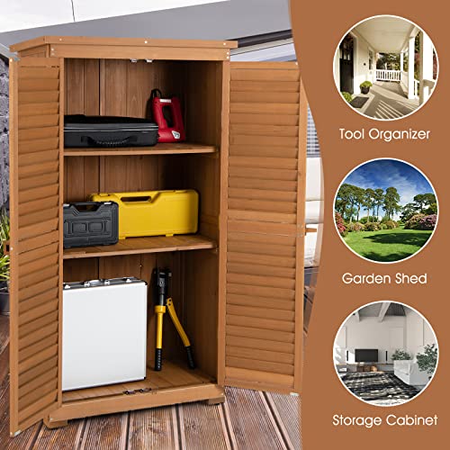 Goplus Outdoor Storage Cabinet, 63β Wood Garden Tool Shed with Double Lockable Doors 3 Shelves and Asphalt Roof, Multipurpose for Patio Lawn Garden Yard, Natural