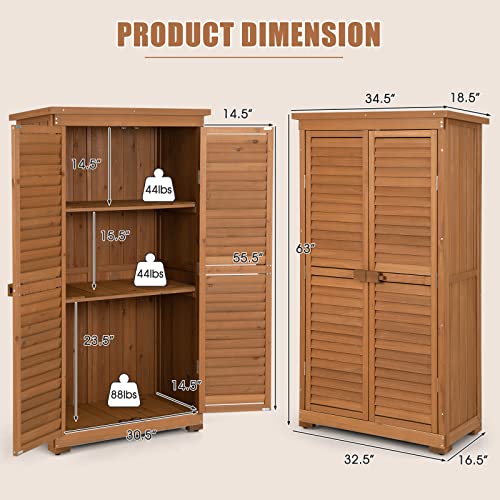 Goplus Outdoor Storage Cabinet, 63β Wood Garden Tool Shed with Double Lockable Doors 3 Shelves and Asphalt Roof, Multipurpose for Patio Lawn Garden Yard, Natural