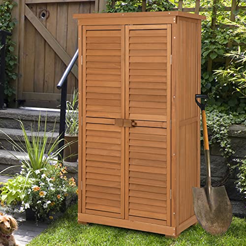 Goplus Outdoor Storage Cabinet, 63β Wood Garden Tool Shed with Double Lockable Doors 3 Shelves and Asphalt Roof, Multipurpose for Patio Lawn Garden Yard, Natural