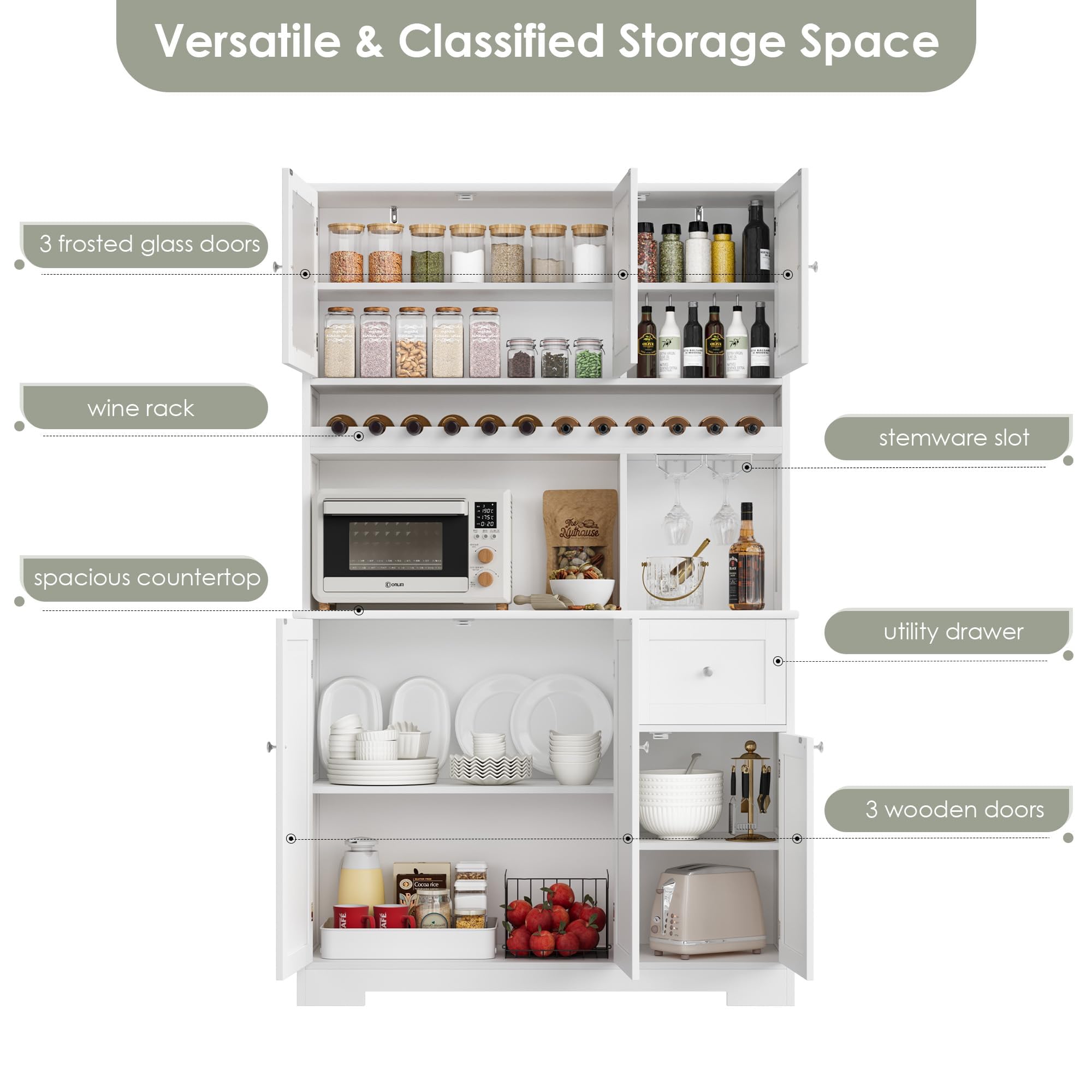 BOTLOG 71" Kitchen Pantry Cabinet, Kitchen Hutch with Microwave Stand, Buffet Cabinet with Hutch, Drawers, Large Countertop for Dining Room, Home Bar (41" W, White)
