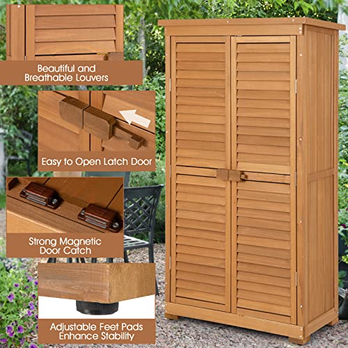 Goplus Outdoor Storage Cabinet, 63β Wood Garden Tool Shed with Double Lockable Doors 3 Shelves and Asphalt Roof, Multipurpose for Patio Lawn Garden Yard, Natural