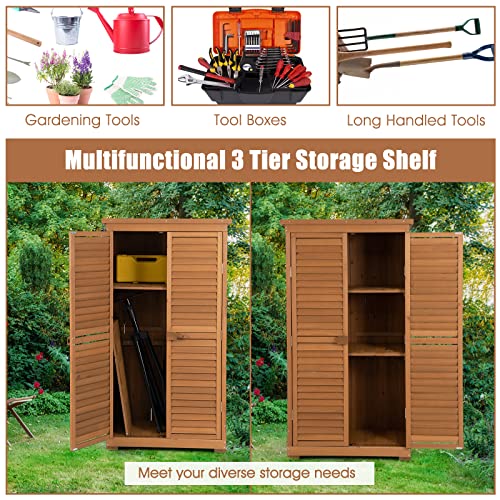 Goplus Outdoor Storage Cabinet, 63β Wood Garden Tool Shed with Double Lockable Doors 3 Shelves and Asphalt Roof, Multipurpose for Patio Lawn Garden Yard, Natural