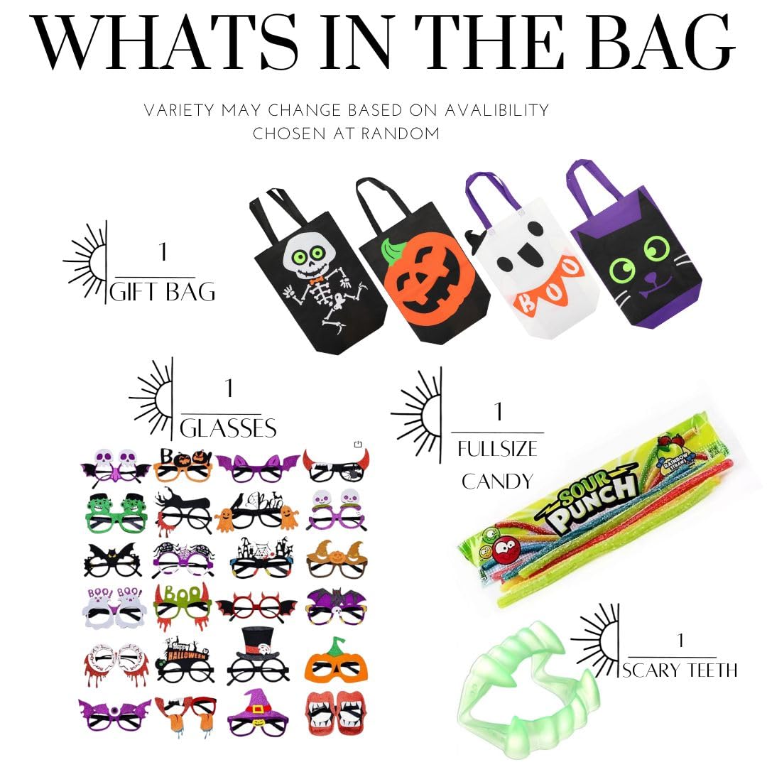 DESERT SUN SNACKS Halloween Drawstring Bag Candy and Snack Gift Bag (50ct) Already Filled Treats for Kids and Adults. Ghost, Pumpkin, Black Cat, Frankenstein Snack and Candy, Variety, Mixed Bulk Care