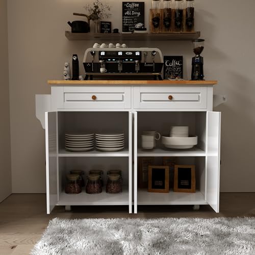 Alorksi Rolling Kitchen Island with Drop Leaf, Mobile Kitchen Carts on Wheel with Storage Cabinet, Drop Leaf Island Table for Kitchen with Towel Rack and Drawer, White
