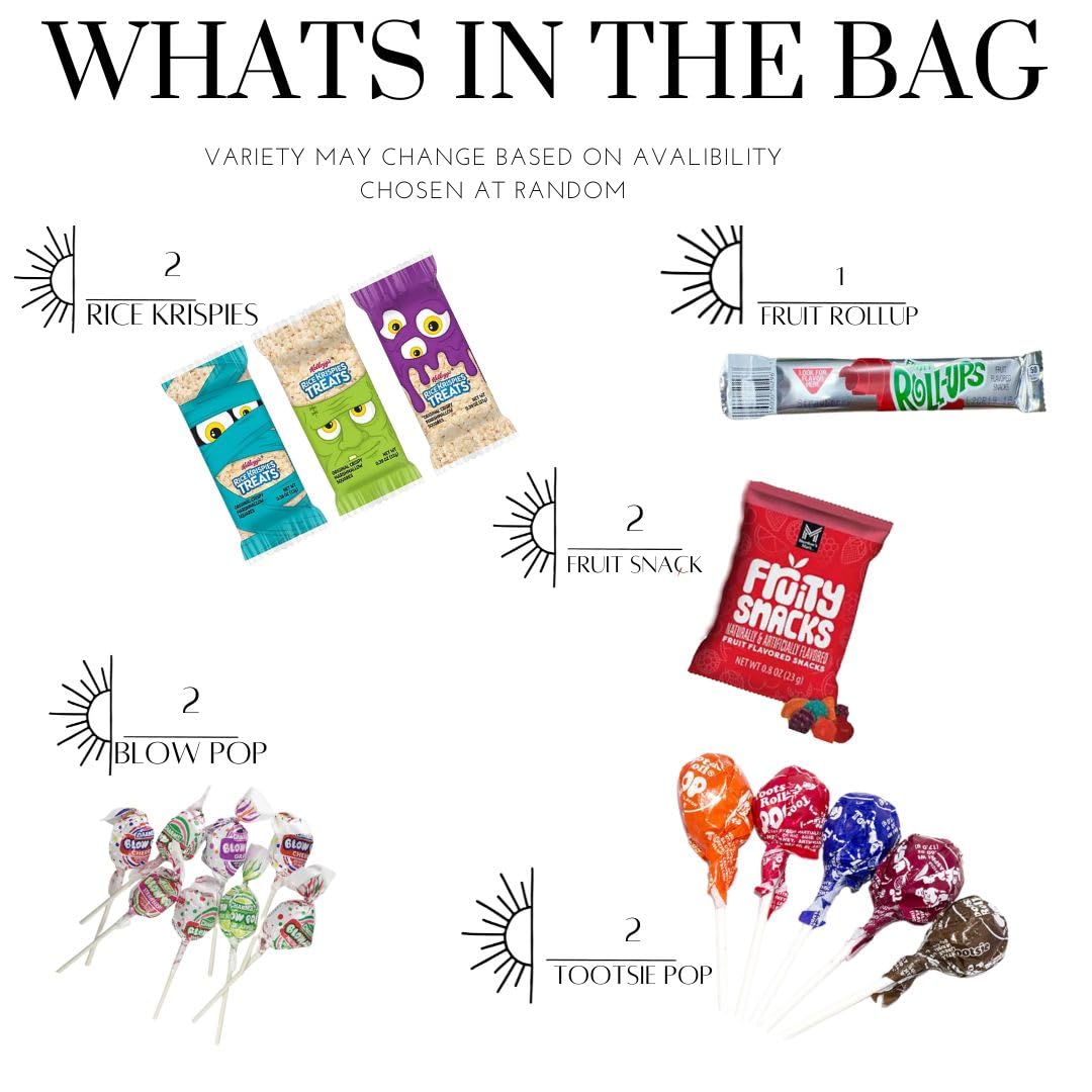 DESERT SUN SNACKS Halloween Drawstring Bag Candy and Snack Gift Bag (50ct) Already Filled Treats for Kids and Adults. Ghost, Pumpkin, Black Cat, Frankenstein Snack and Candy, Variety, Mixed Bulk Care