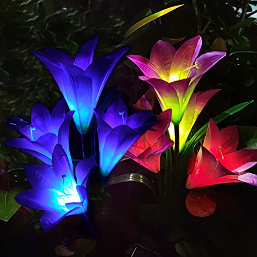 Solar Lights Outdoor - 2 Pack Solar Garden Lights with 8 Lily Flowers, Waterproof Color Changing Solar Landscape Lights, Outdoor Decoration Lights for Patio, Yard, Lawn, Pathway (Purple and Red)