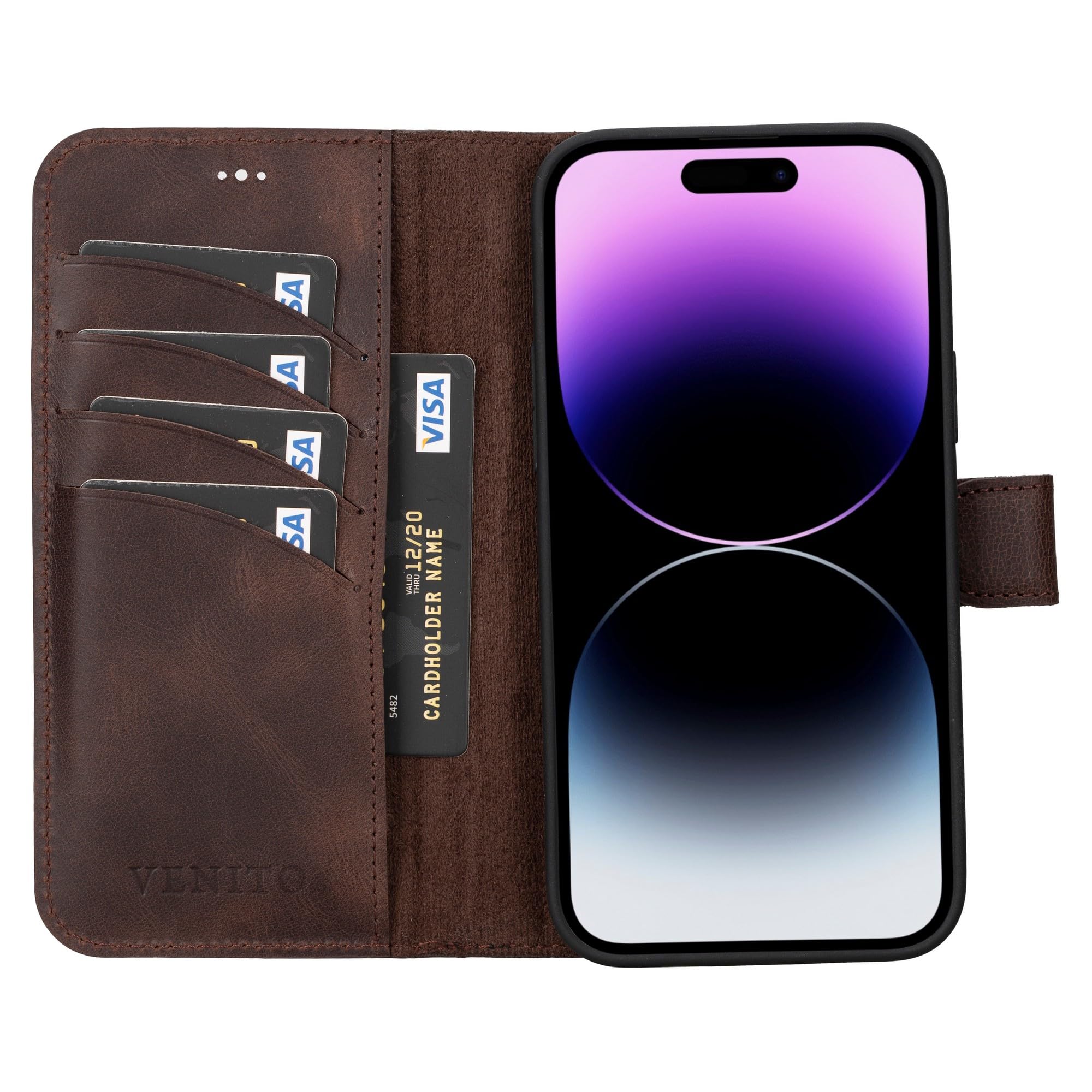 Venito for iPhone 15 Plus Case Wallet with Card Holders and RFID Blocking, Leather Phone Case, Magnetic Closure Detachable Phone Cover 6.7 inches, Ravenna - Coffee Brown