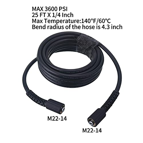 Tool Daily High Pressure Washer Hose, 25 FT X 1/4 Inch, 3600 PSI, M22 14mm, Replacement Power Washer Hose for Most Brands