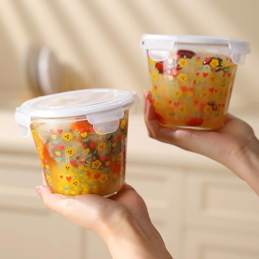 3-Cup/24 Ounce Glass Food Storage Containers, Glass Soup Bowl Container with Airtight Lids, Leak-proof Soup Stew Food Storage and Meal Prep Container, Microwave, Freezer Safe, Set of 4 (Flower Print)