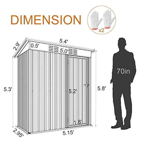 5 x 3 FT Galvanized Metal Garden Shed with Lock, Outdoor Metal Storage Shed for Backyard, Patio, Lawn
