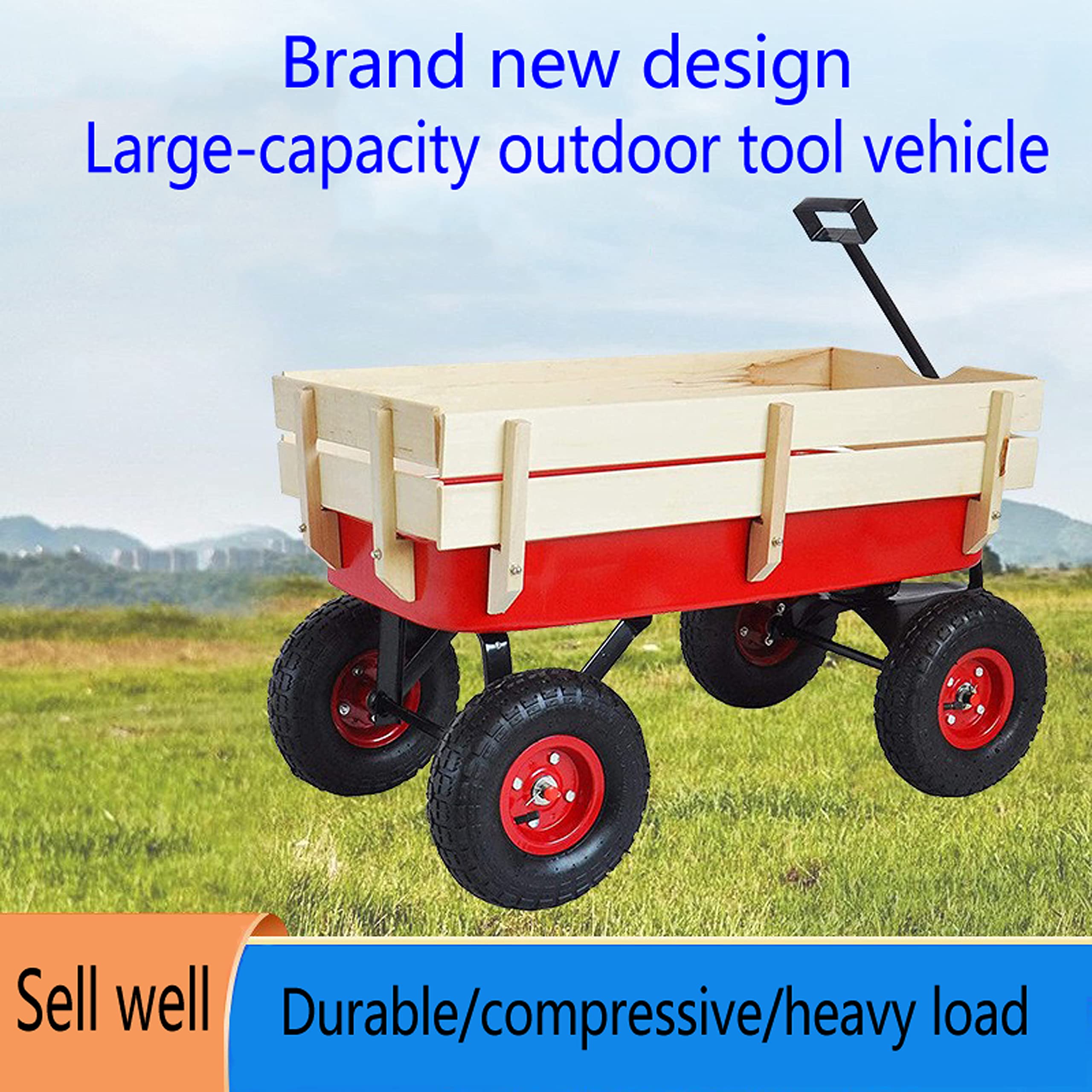 Heavy Duty Kid Wagons for Kids All Terrain Wagon Removable Wooden Wagons, Folding Wagons for Kids Gift, Christmas, Halloween, Back to School (Red)