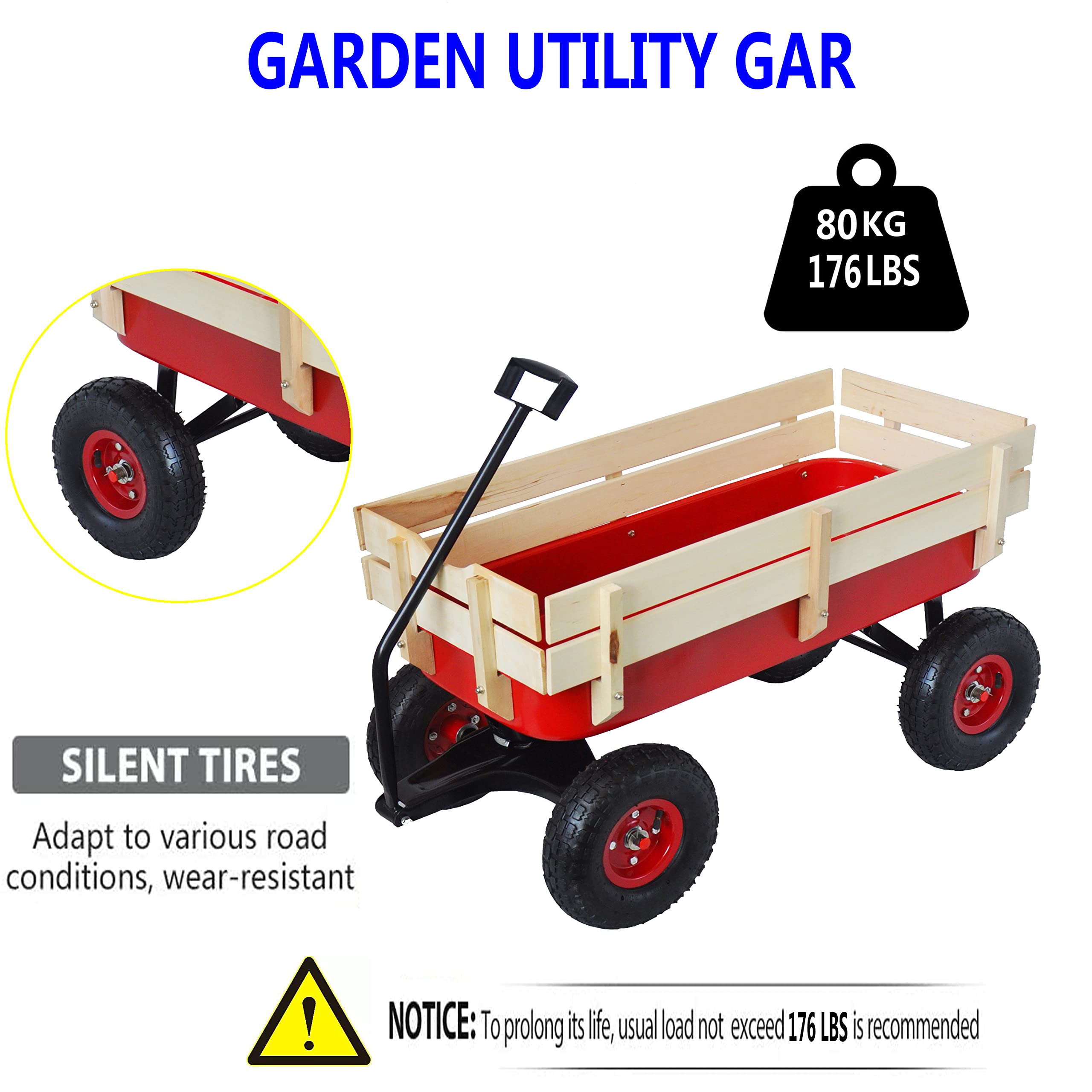 Heavy Duty Kid Wagons for Kids All Terrain Wagon Removable Wooden Wagons, Folding Wagons for Kids Gift, Christmas, Halloween, Back to School (Red)