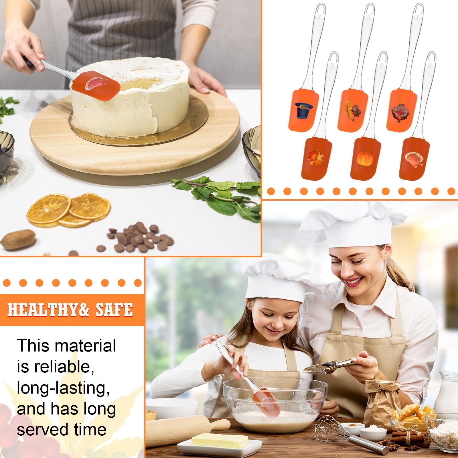 Hushee 6 Pcs Thanksgiving Silicone Spatula Turkey Pattern Holiday Spatulas Heat Resistant Cute Spatula with Plastic Handle Funny Silicone Scraper for Home Party Stir Butter Cream Cooking Utensils