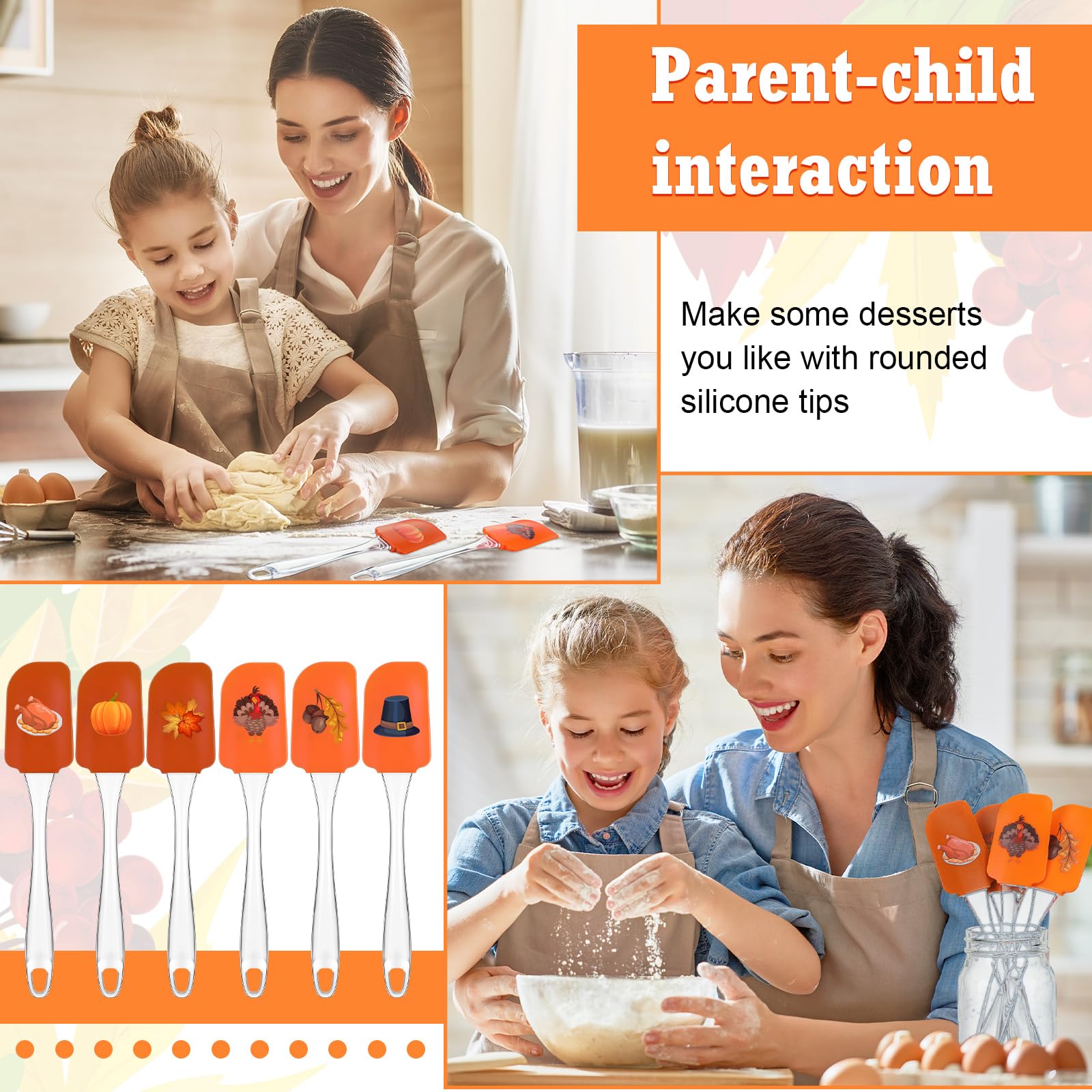 Hushee 6 Pcs Thanksgiving Silicone Spatula Turkey Pattern Holiday Spatulas Heat Resistant Cute Spatula with Plastic Handle Funny Silicone Scraper for Home Party Stir Butter Cream Cooking Utensils
