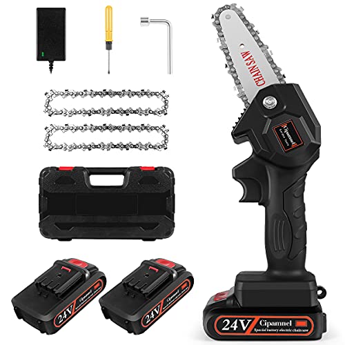 Mini Chainsaw, 4-Inch Portable Cordless Chain Saw with 24V 2pcs Rechargeble Batteries and 2 Chain, One-Handed Electric Chainsaw for Wood Cutting, Branches Pruning, Farming, and Garden Tree Trimming