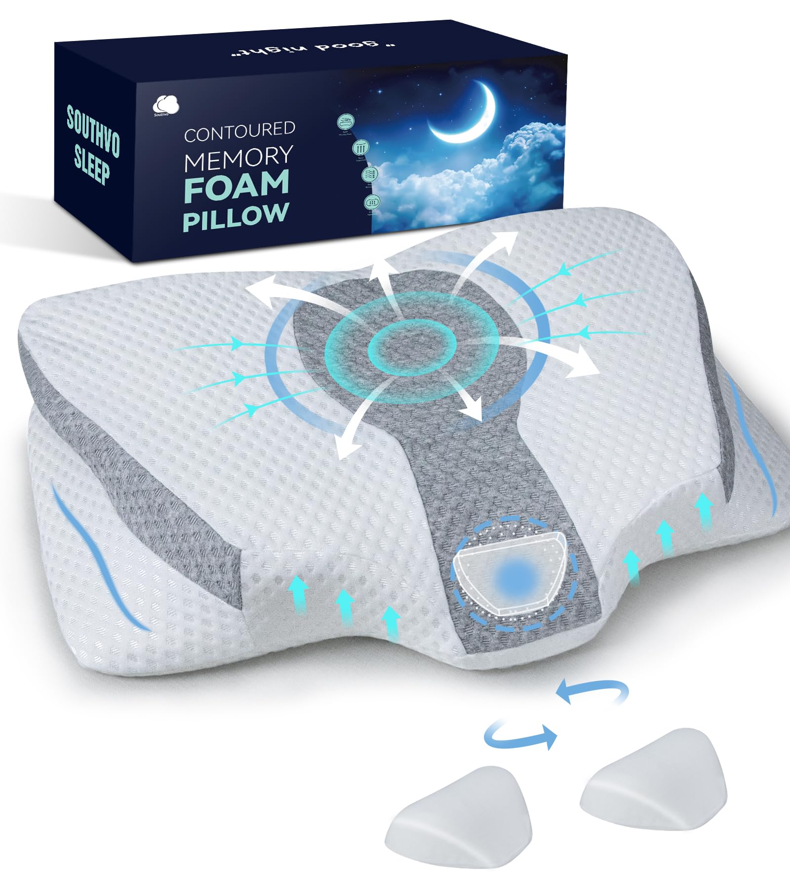 SOUTHVO Cervical Neck Pillow for Pain Relief, Ergonomic Neck Support Pillow Memory Foam Pillows Adjustable Contour Orthopedic Pillow for Side, Back & Stomach Sleeper Head Shoulder Bed Sleep Pillow