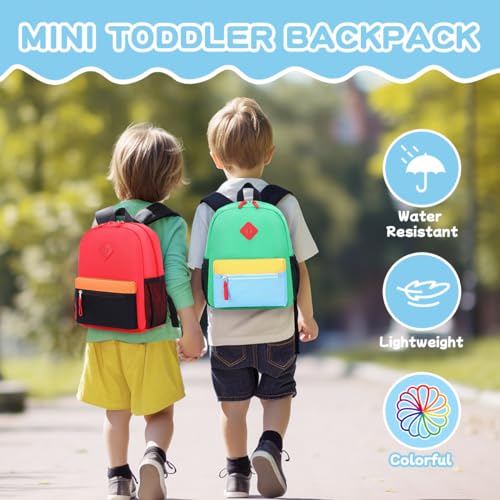 Toddler Backpack, 12'' Preschool Mini Backpack for Small Kids Boys and Girls 1-4 years old Kindergarten Small Bookbag with Chest Buckle and Reflective Strip,Green and Blue