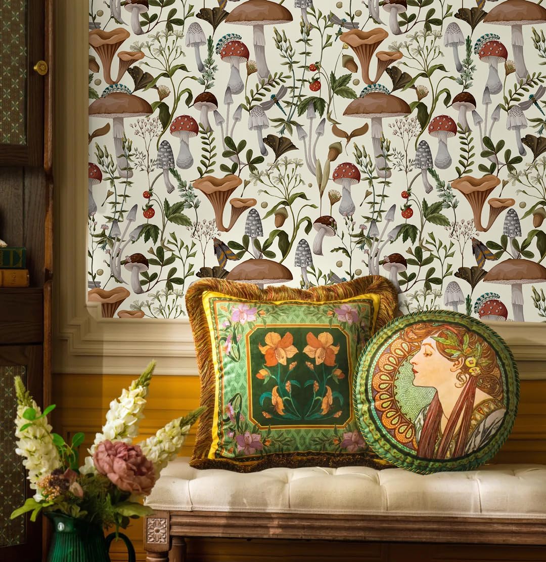 HAOKHOME Boho Peel and Stick Wallpaper Mushroom Forest Removable Stick on Contact Paper for Kitchen Bathroom Beige/Brown/Green 17.7in x 9.8ft