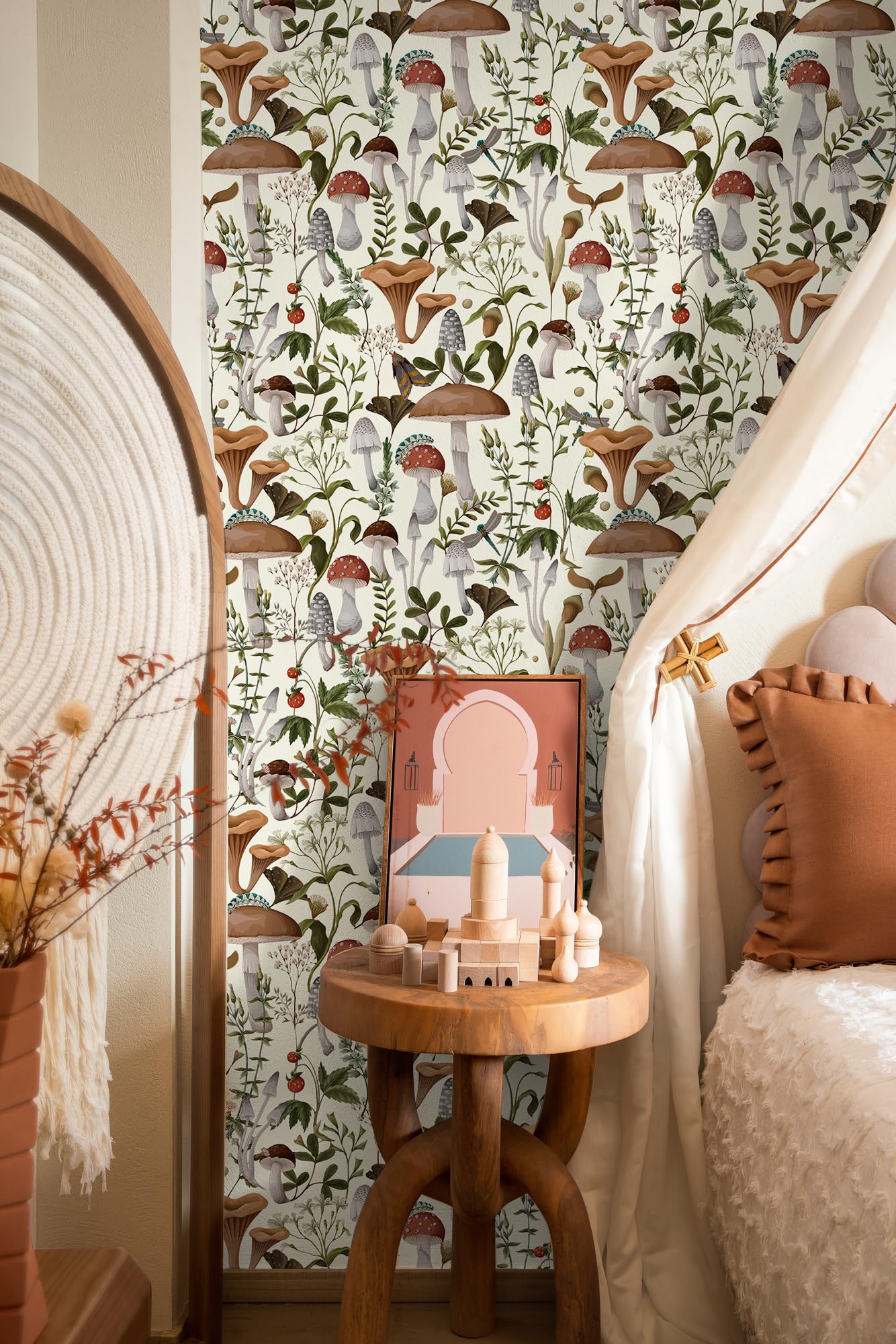 HAOKHOME Boho Peel and Stick Wallpaper Mushroom Forest Removable Stick on Contact Paper for Kitchen Bathroom Beige/Brown/Green 17.7in x 9.8ft