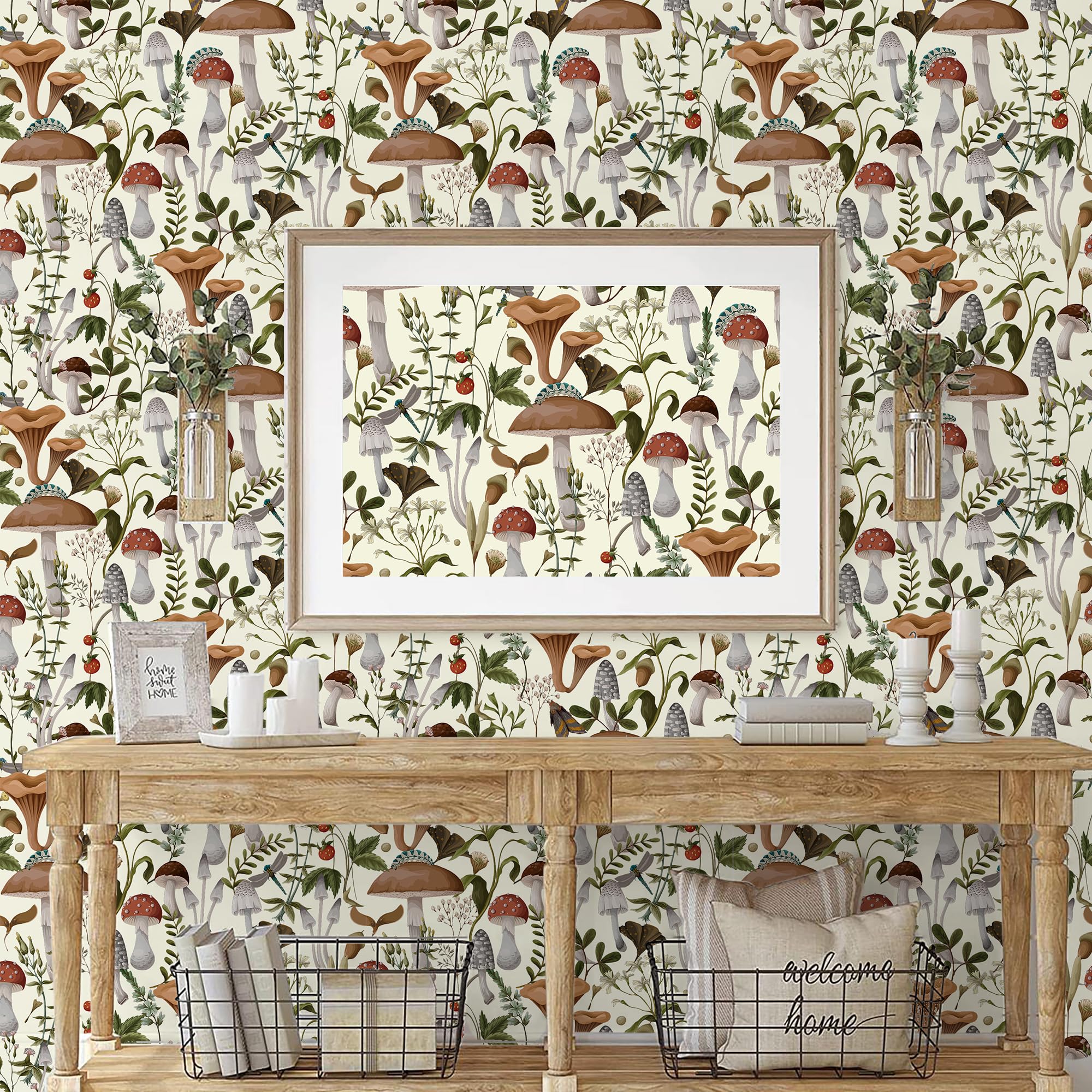 HAOKHOME Boho Peel and Stick Wallpaper Mushroom Forest Removable Stick on Contact Paper for Kitchen Bathroom Beige/Brown/Green 17.7in x 9.8ft