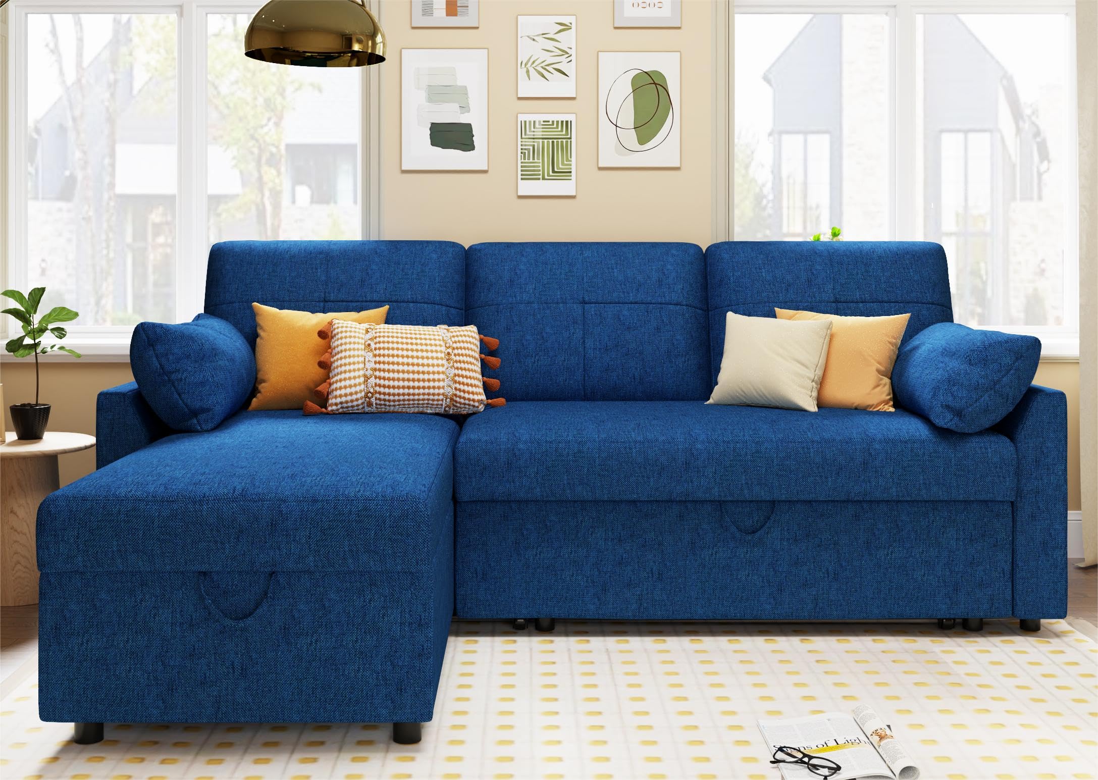 VanAcc Sofa Bed, Sleeper Sofa with Storage Chaise- 2 in 1 Pull Out Couch Sofa for Home Office, Living Room, Comfy Sofa Sleeper, Blue Linen Couch