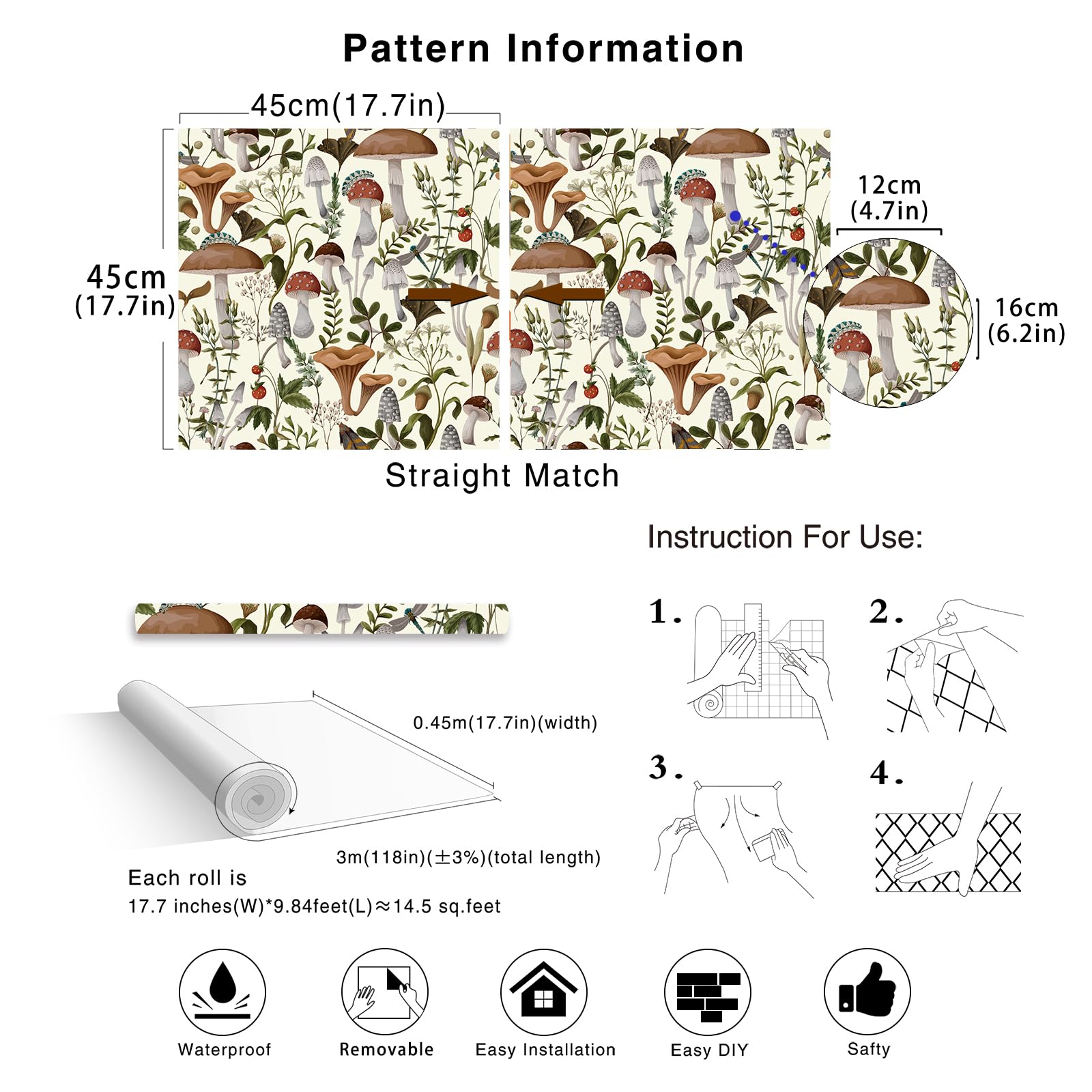 HAOKHOME Boho Peel and Stick Wallpaper Mushroom Forest Removable Stick on Contact Paper for Kitchen Bathroom Beige/Brown/Green 17.7in x 9.8ft