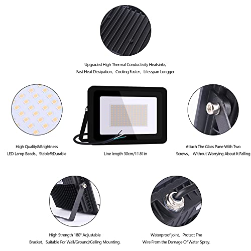 MIHEAL 110V(2 Pack) 100W LED Flood Light, Warm White(2700K), IP68Waterproof Super Bright Security Lights, Outdoor Floodlight for Yard, Garden, Playground, Basketball Court [Energy Class A++]
