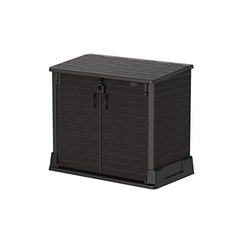 Duramax Cedargrain StoreAway 850L Plastic Garden Storage Shed - Outdoor Storage Bike Shed β Durable & Strong Constructionβ Ideal for Tools, Bikes, BBQs & 2x 120L Garbage Bins, 130 x 74 x 110 cm, Brown