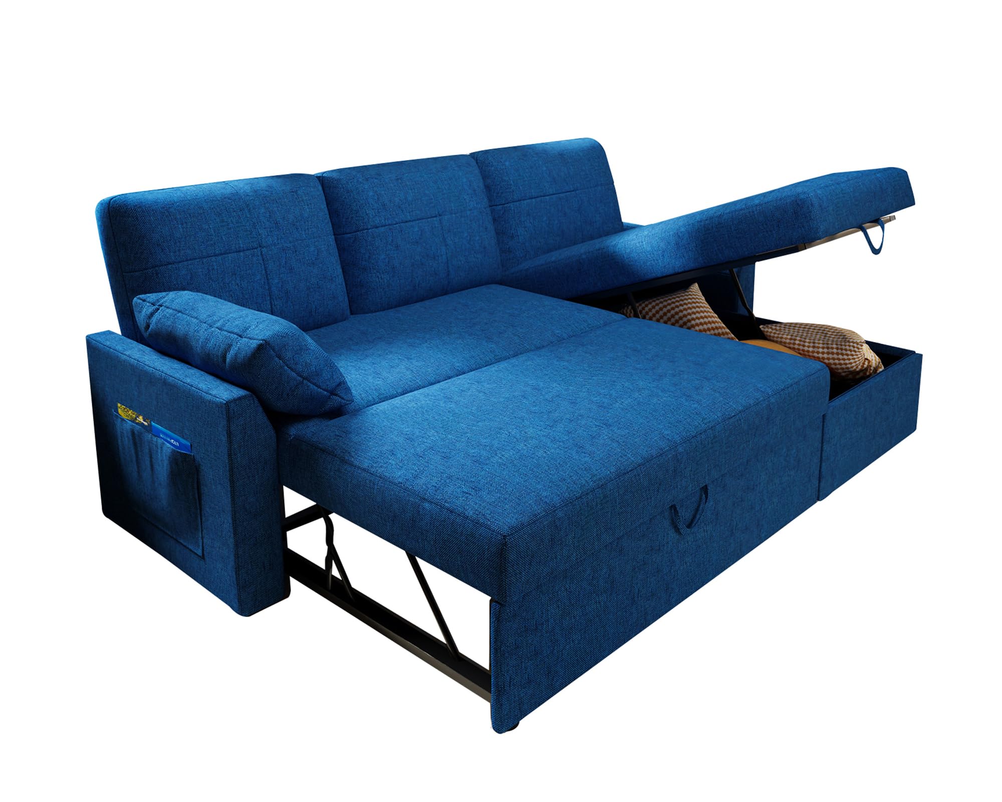 VanAcc Sofa Bed, Sleeper Sofa with Storage Chaise- 2 in 1 Pull Out Couch Sofa for Home Office, Living Room, Comfy Sofa Sleeper, Blue Linen Couch