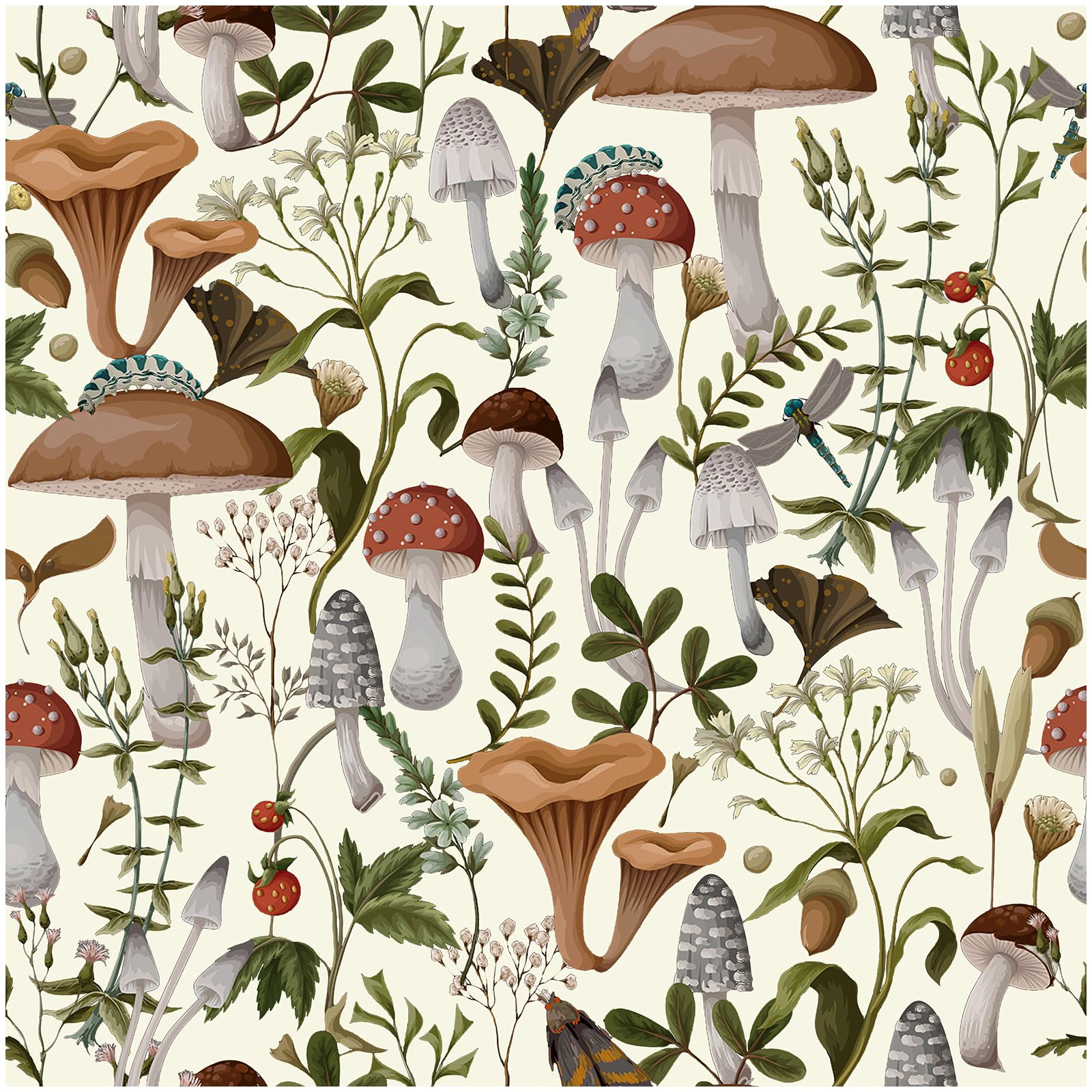 HAOKHOME Boho Peel and Stick Wallpaper Mushroom Forest Removable Stick on Contact Paper for Kitchen Bathroom Beige/Brown/Green 17.7in x 9.8ft