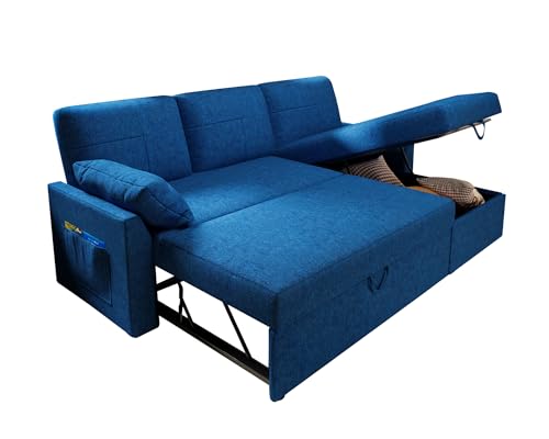 VanAcc Sofa Bed, Sleeper Sofa with Storage Chaise- 2 in 1 Pull Out Couch Sofa for Home Office, Living Room, Comfy Sofa Sleeper, Blue Linen Couch