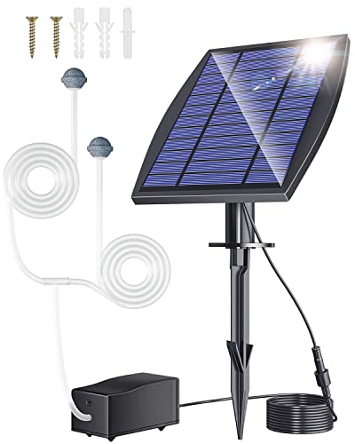 NFESOLAR Aquarium Air Pump Oxygenator, 2.5W Solar Air Pump with 2 Air Bubble Stones, Solar Pond Aerator up to 120 Gallons 3 Mode&No Noise Solar Aerator for Pond Stock Tank Fishing Hydroponics