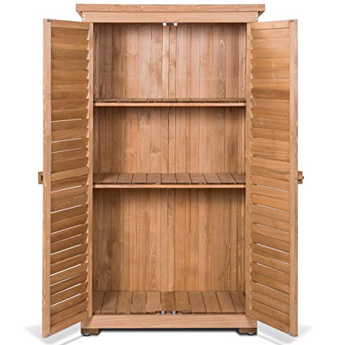 Goplus Outdoor Storage Cabinet, Wooden Garden Shed with Latch & Detachable Shelves & Pitch Roof, Vertical Organizer for Outside Yard Patio Deck