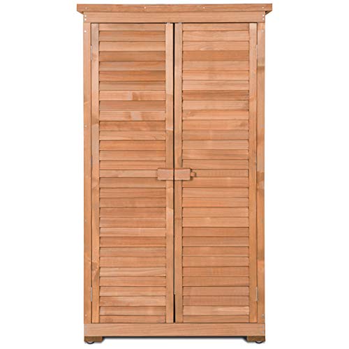 Goplus Outdoor Storage Cabinet, Wooden Garden Shed with Latch & Detachable Shelves & Pitch Roof, Vertical Organizer for Outside Yard Patio Deck