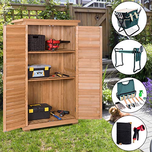Goplus Outdoor Storage Cabinet, Wooden Garden Shed with Latch & Detachable Shelves & Pitch Roof, Vertical Organizer for Outside Yard Patio Deck