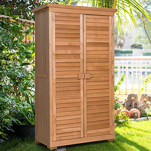 Goplus Outdoor Storage Cabinet, Wooden Garden Shed with Latch & Detachable Shelves & Pitch Roof, Vertical Organizer for Outside Yard Patio Deck