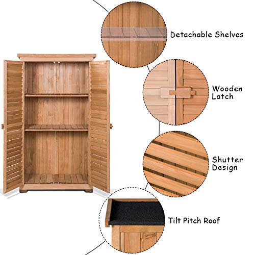 Goplus Outdoor Storage Cabinet, Wooden Garden Shed with Latch & Detachable Shelves & Pitch Roof, Vertical Organizer for Outside Yard Patio Deck