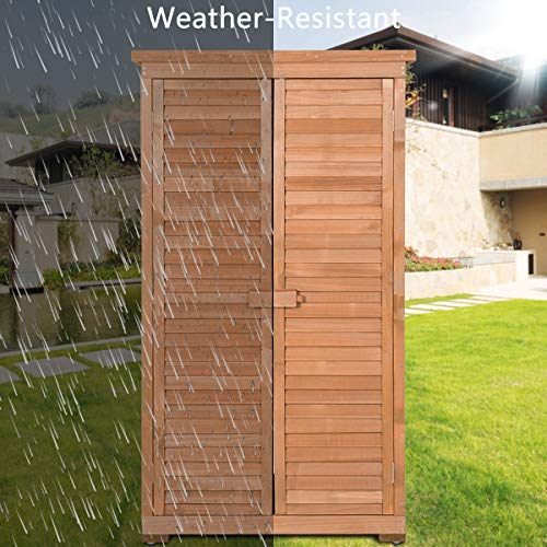 Goplus Outdoor Storage Cabinet, Wooden Garden Shed with Latch & Detachable Shelves & Pitch Roof, Vertical Organizer for Outside Yard Patio Deck