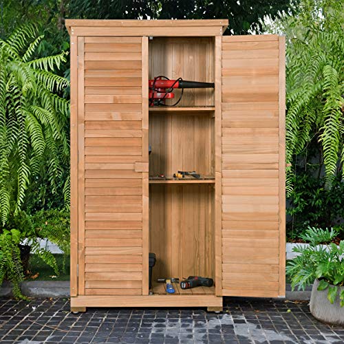 Goplus Outdoor Storage Cabinet, Wooden Garden Shed with Latch & Detachable Shelves & Pitch Roof, Vertical Organizer for Outside Yard Patio Deck
