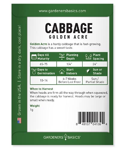 Cabbage Seeds for Planting - Golden Acre Green Heirloom, Non-GMO Vegetable Variety- 1 Gram Approx 225 Seeds Great for Summer, Spring, Fall, and Winter Gardens by Gardeners Basics